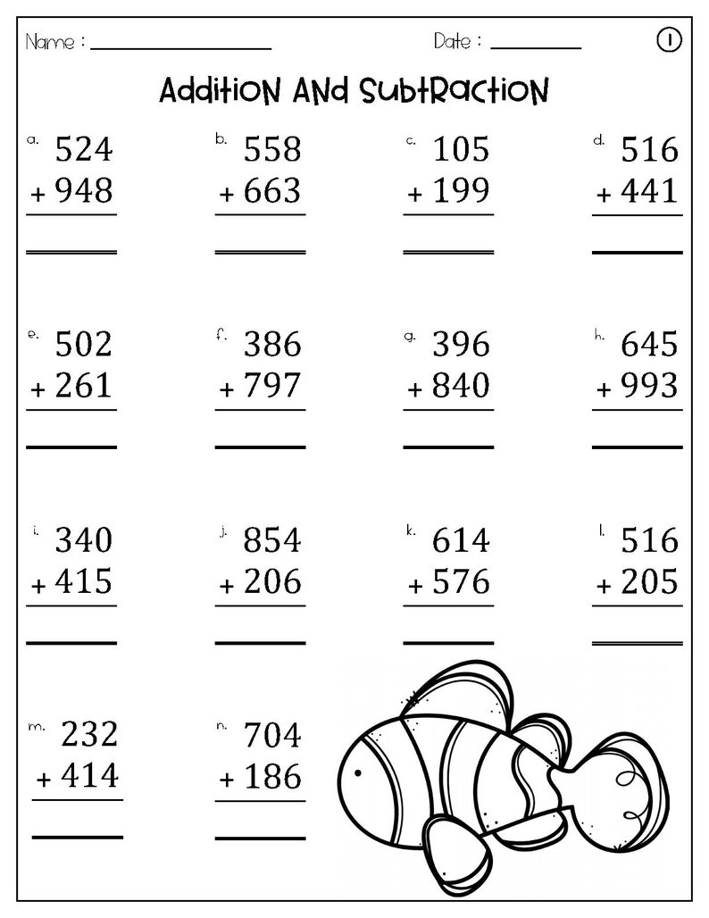 3 Digit Addition and Subtraction Worksheets - SET3 Ocean Theme Math ...