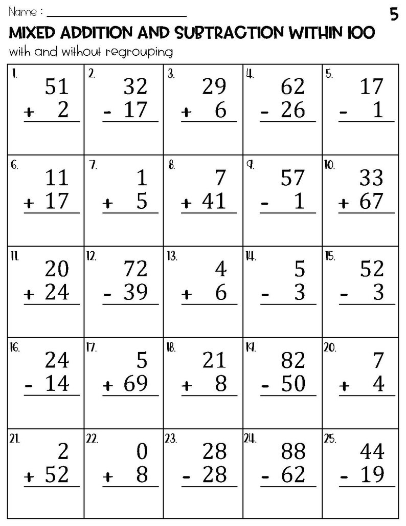 Mixed Addition and Subtraction Within 100 Worksheets - Etsy