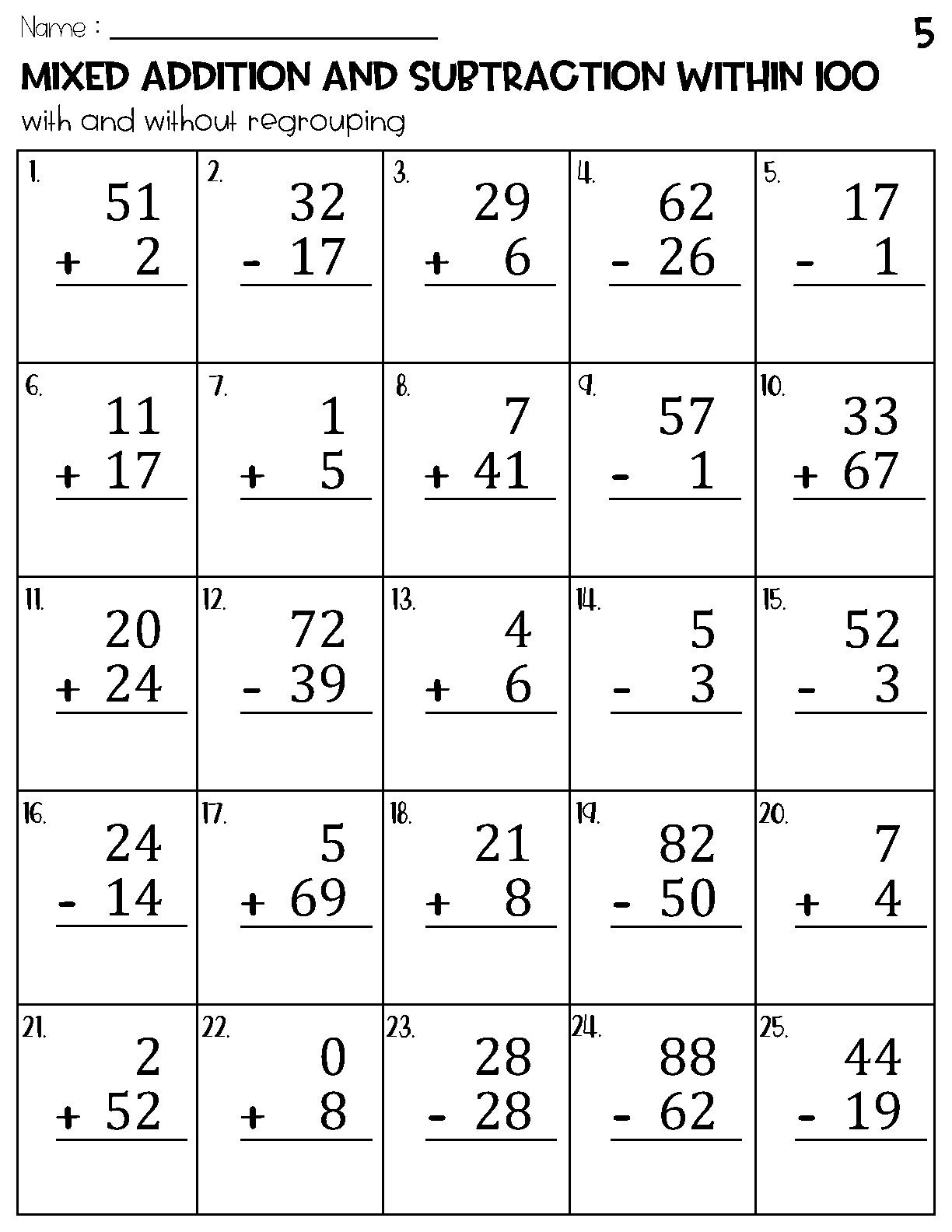 Mixed Addition and Subtraction Within 100 Worksheets - Etsy