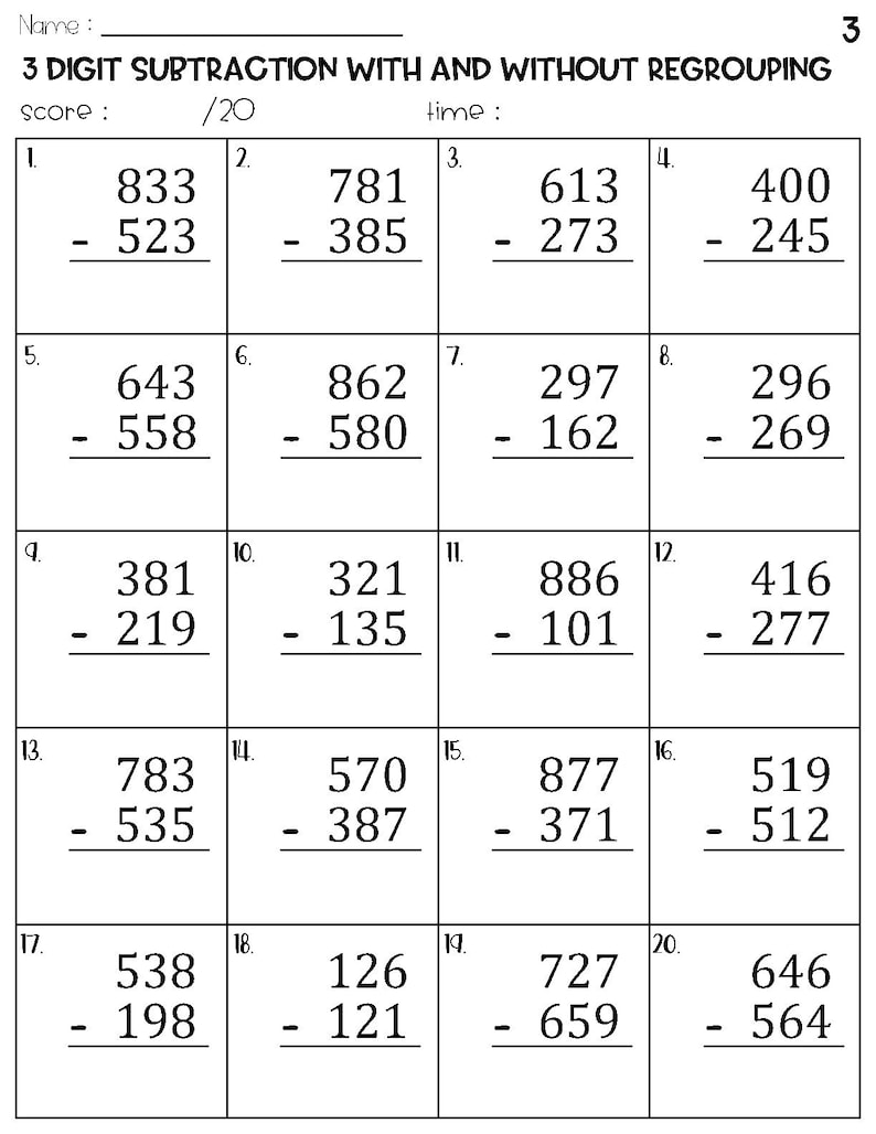 Three Digit Subtraction With and Without Regrouping Worksheets - Etsy