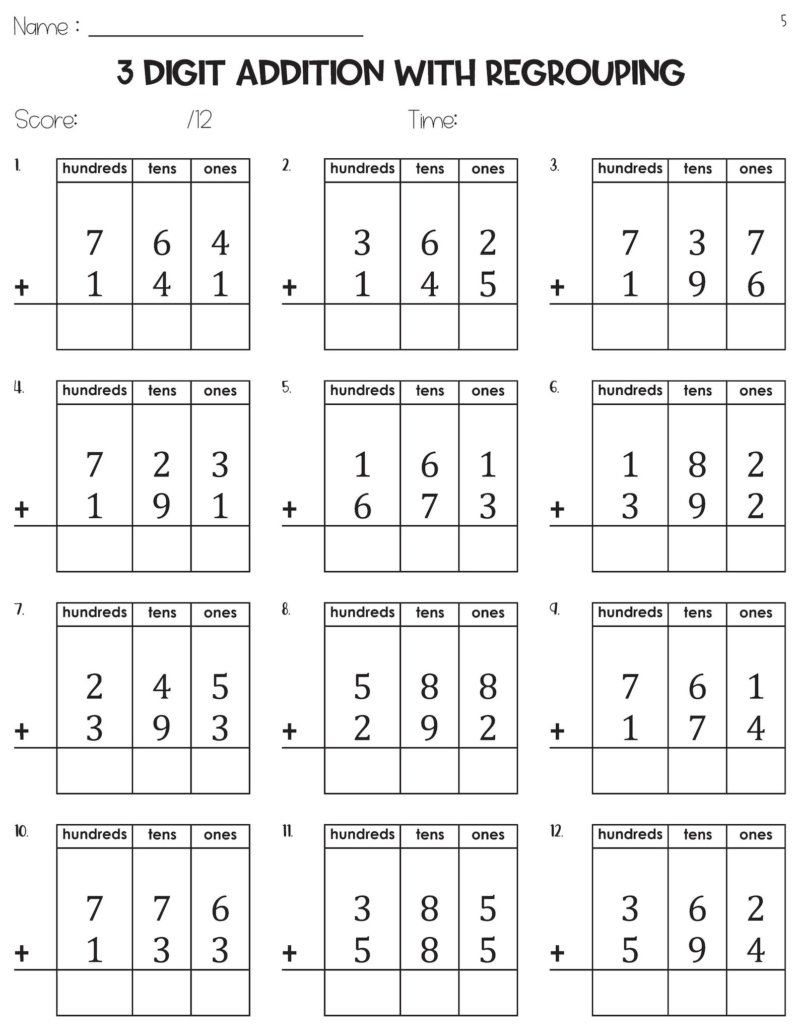 3 Digit Addition With Regrouping With Place Value Chart Worksheets - Etsy