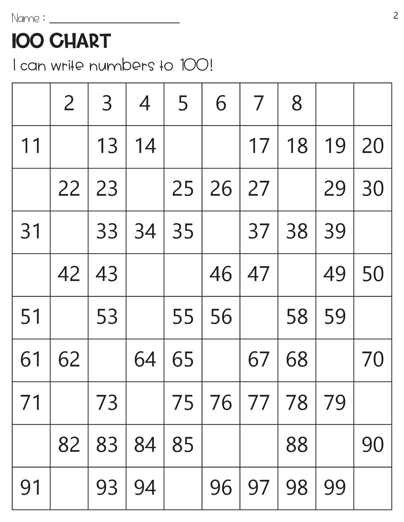 100 Chart Missing Numbers Worksheets - Etsy