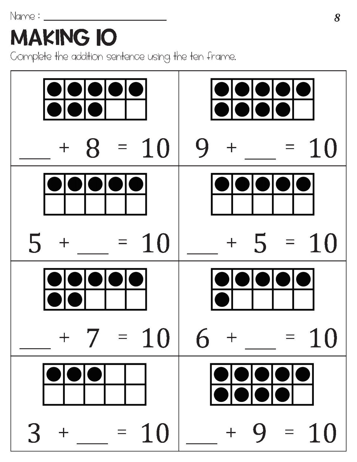 Making 10 Addition With Ten Frame Worksheets - Etsy