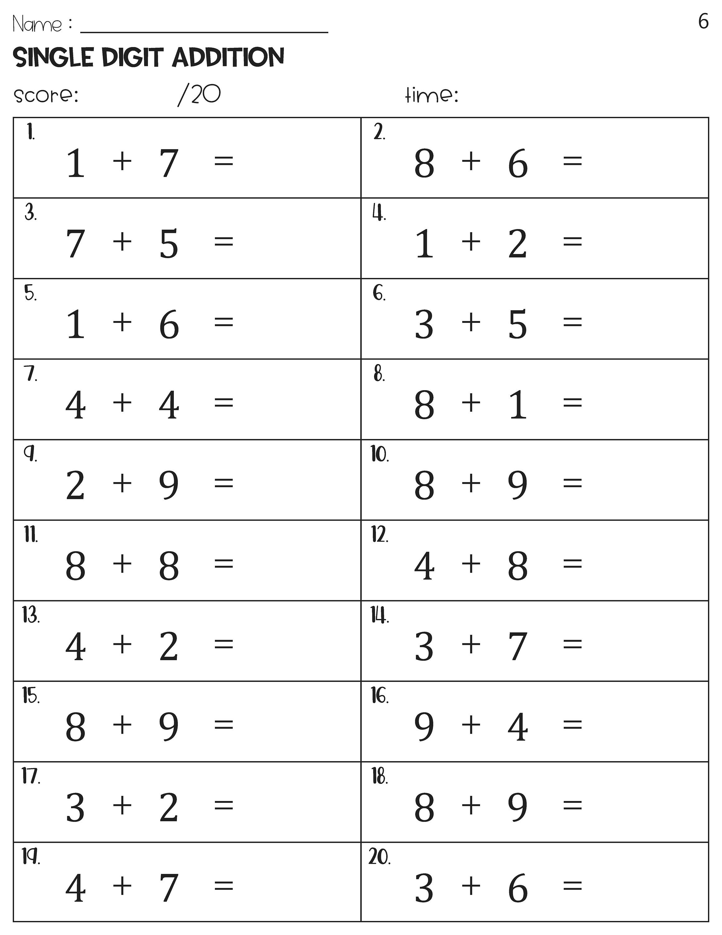 Horizontal Single Digit Addition Worksheets - Etsy