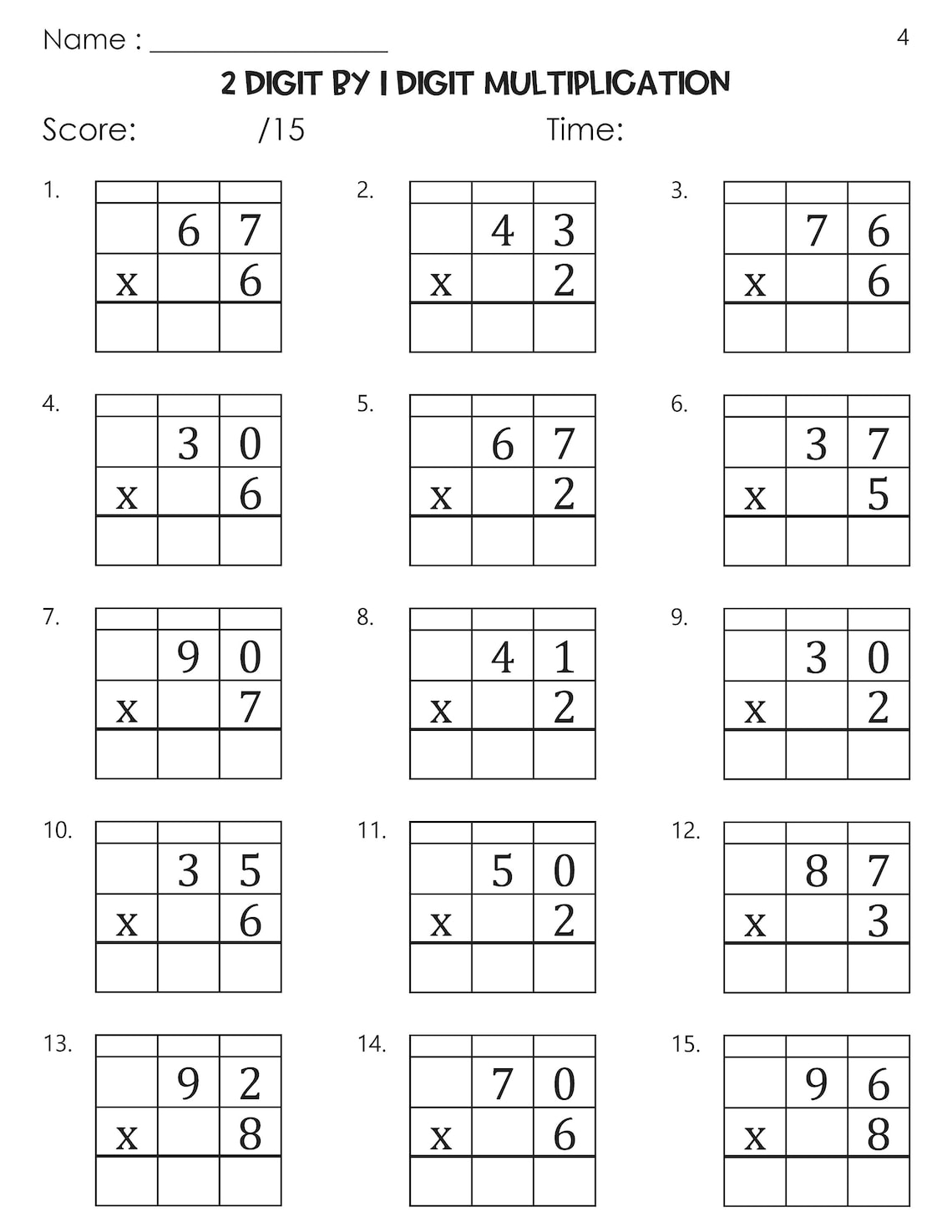 2 Digit by 1 Digit Multiplication With Grid Worksheets - Etsy