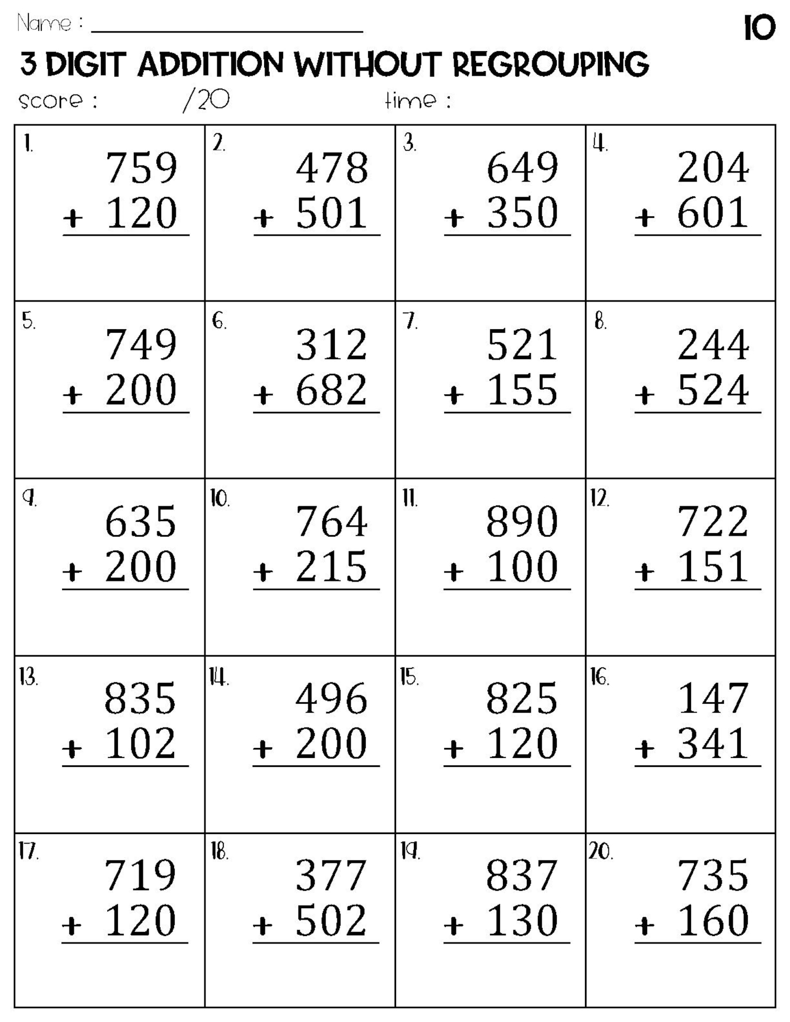 Three Digit Addition Without Regrouping Worksheets - Etsy