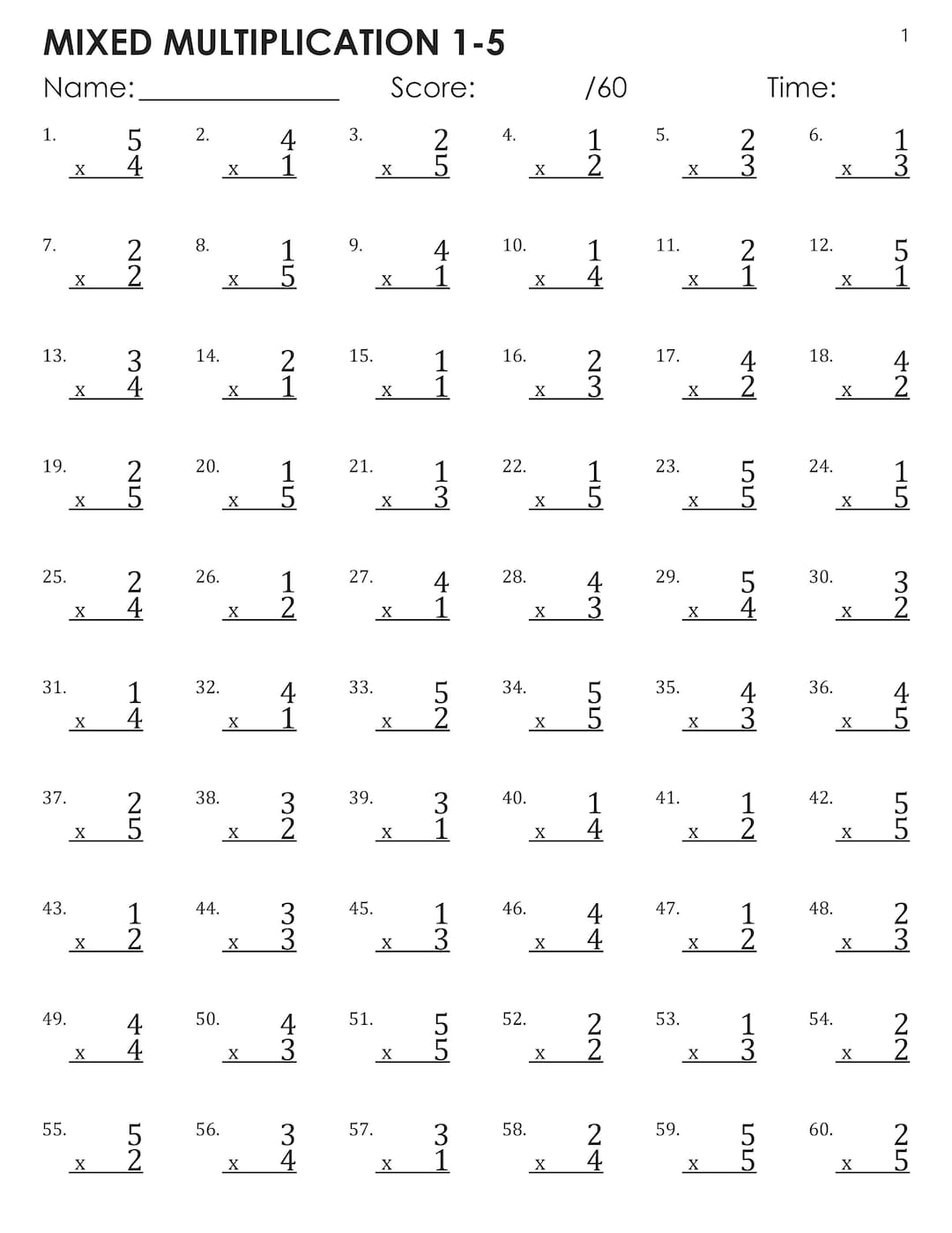 Mixed Multiplication Facts 1-5 Timed Tests Worksheets - Etsy