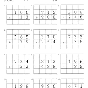 100 Two and Three Digit Mixed Addition and Subtraction With Grid ...