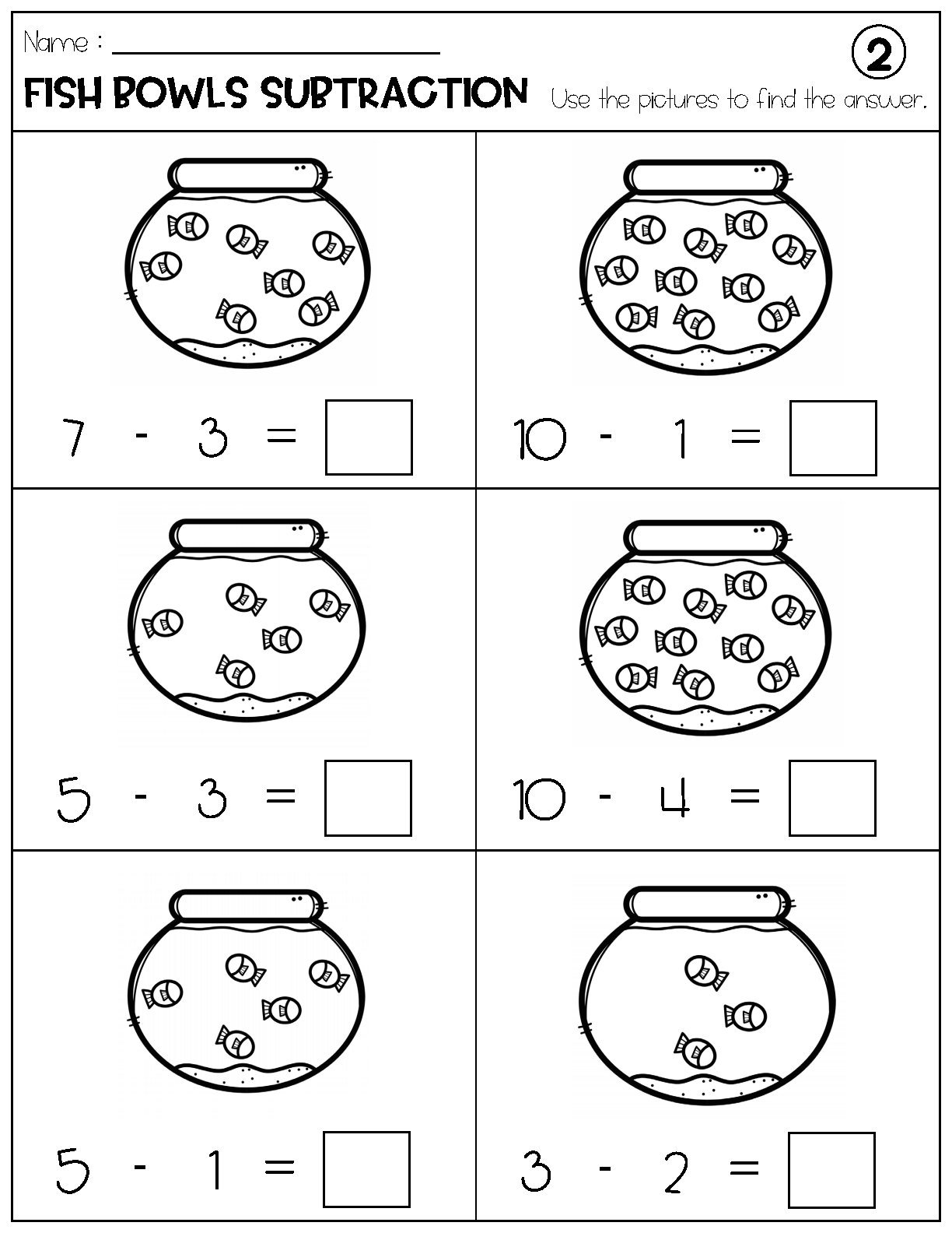 Subtraction With Pictures Within 10 Worksheets - Subtracting Fish Bowls ...