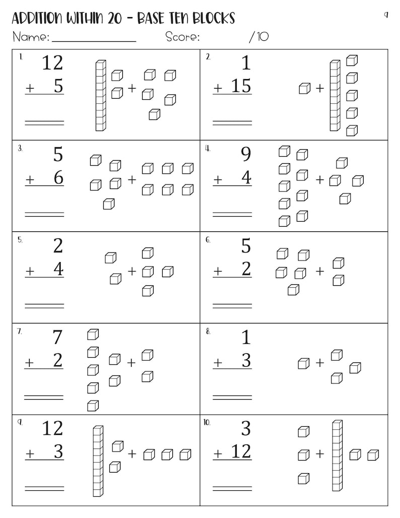 Addition Within 20 With Pictures Base Ten Blocks Worksheets - Etsy