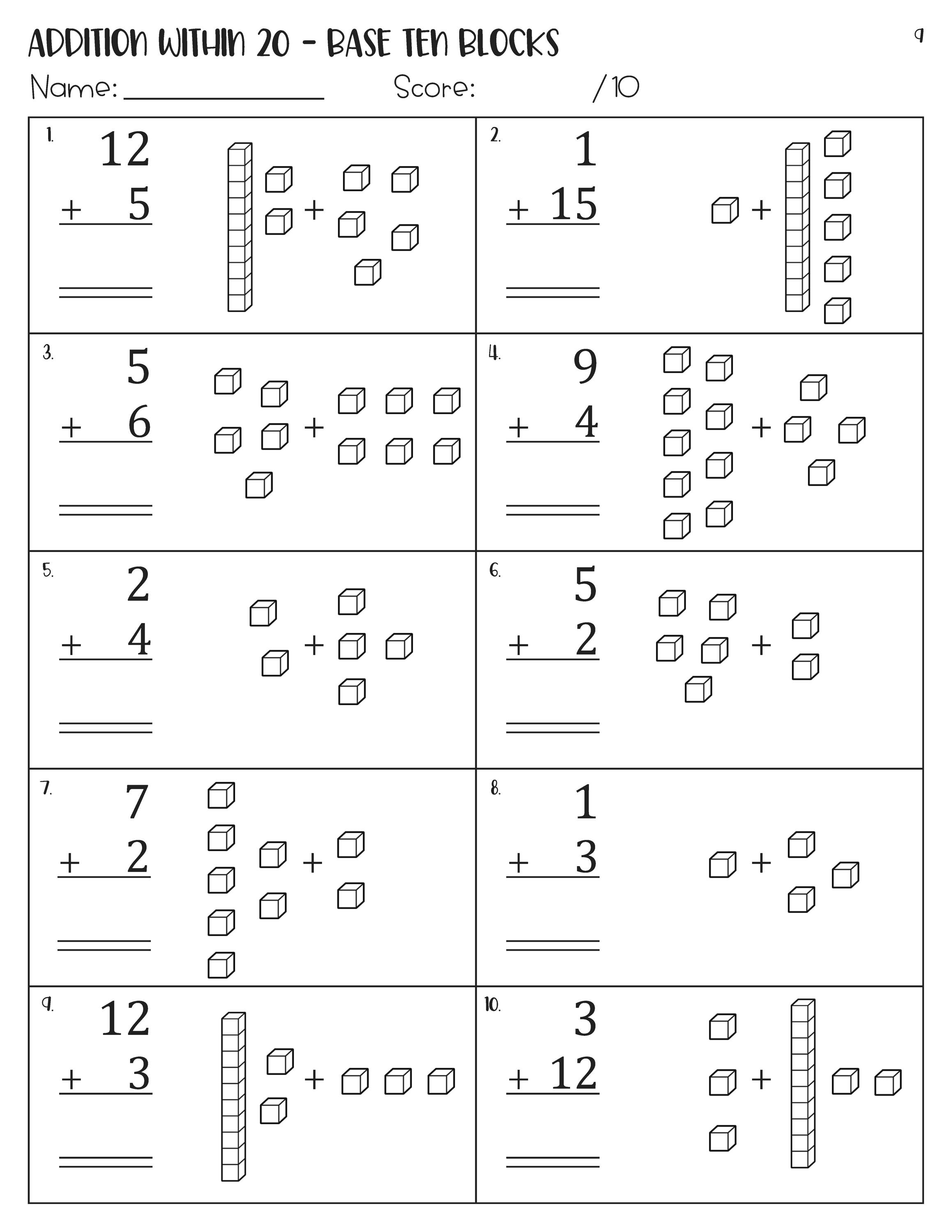 Addition Within 20 With Pictures Base Ten Blocks Worksheets - Etsy