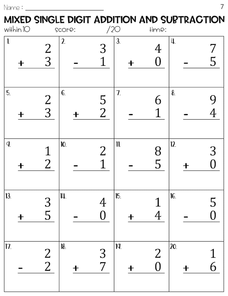 Mixed Single Digit Addition and Subtraction Within 10 Worksheets - Etsy
