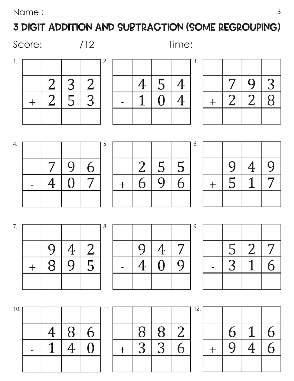 Three Digit Mixed Addition and Subtraction Some Regrouping With Grid ...