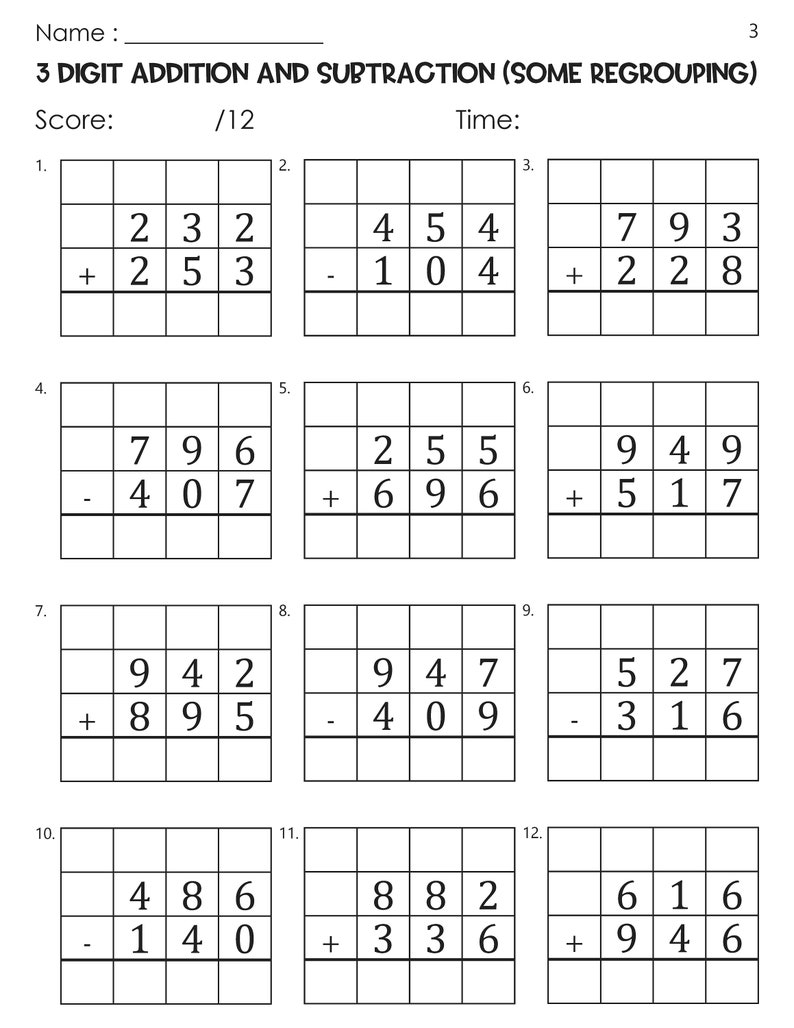 Three Digit Mixed Addition and Subtraction Some Regrouping With Grid ...