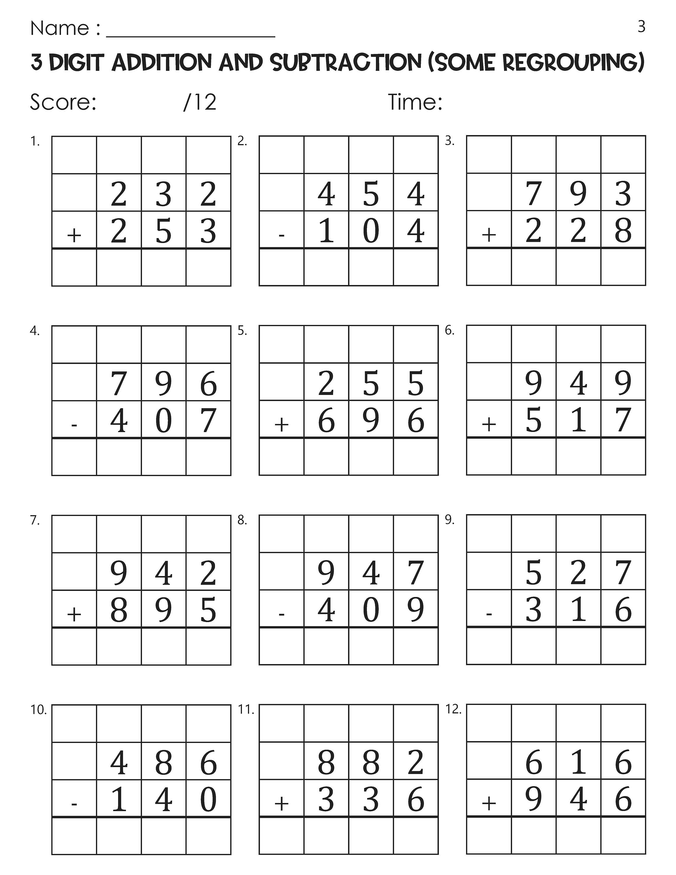 Three Digit Mixed Addition and Subtraction Some Regrouping With Grid ...