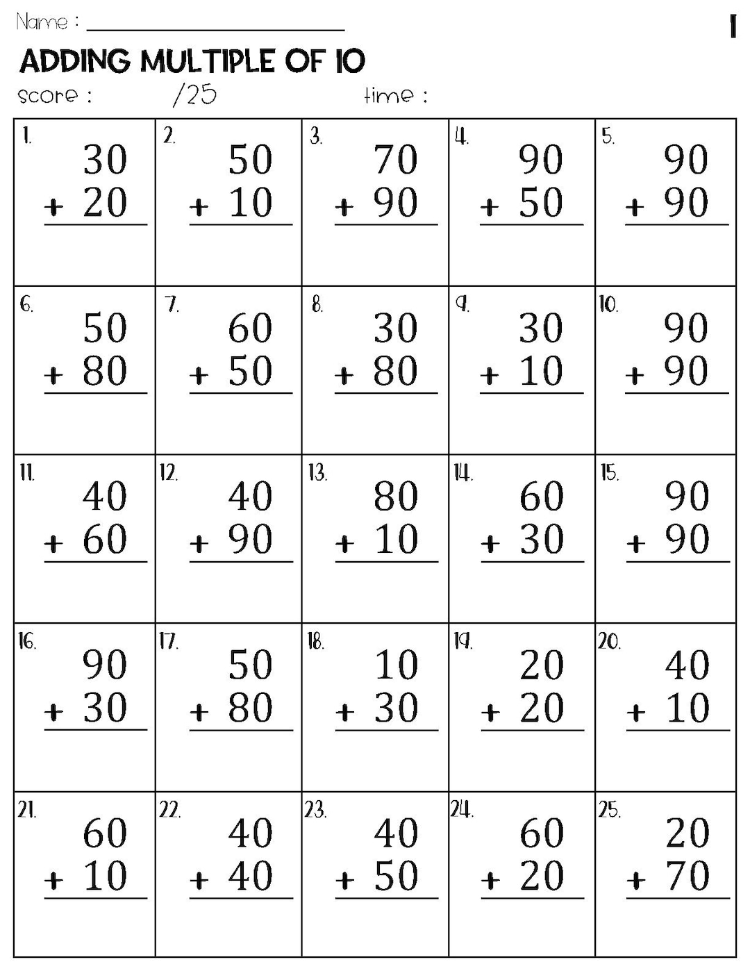 Adding Multiple of 10 Worksheets - Etsy