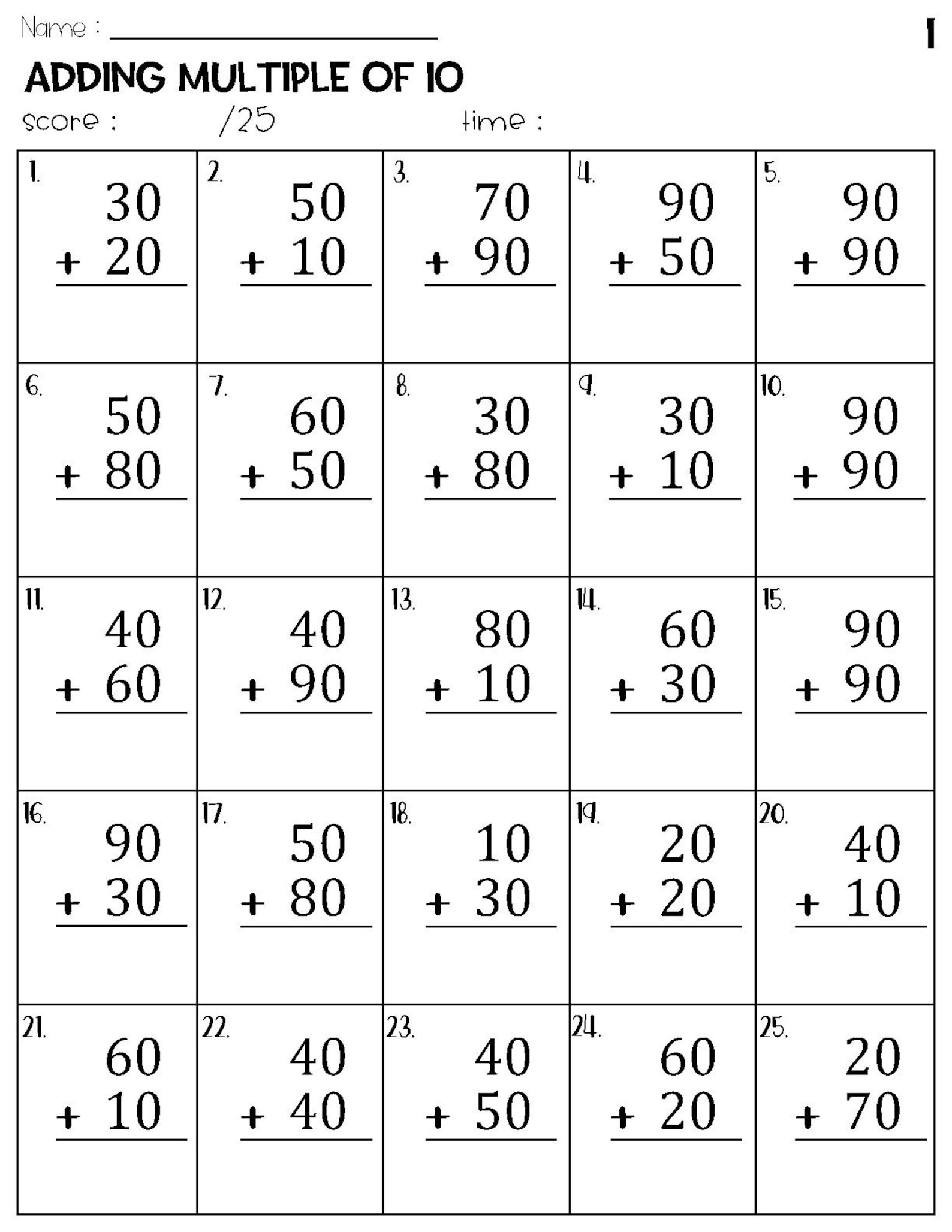 Adding Multiple of 10 Worksheets - Etsy