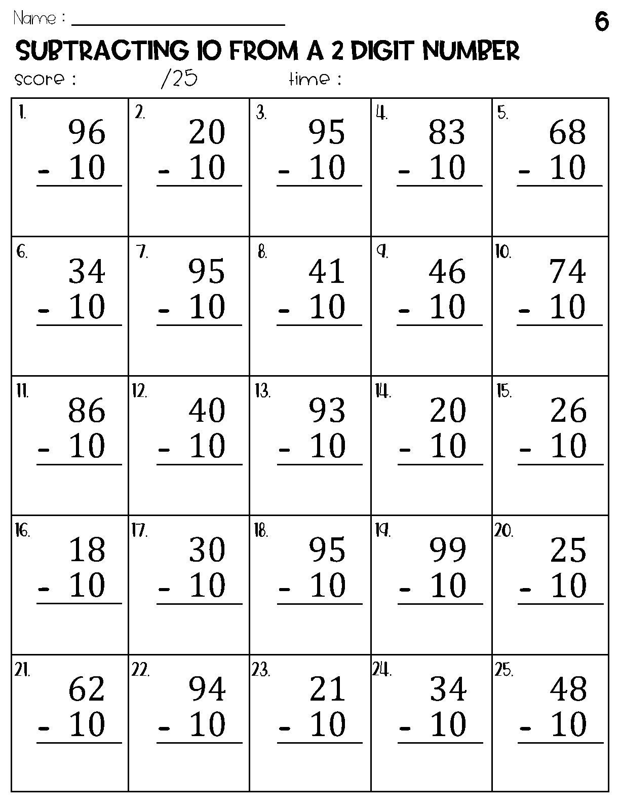 Subtracting 10 From a 2 Digit Number Worksheets - Etsy