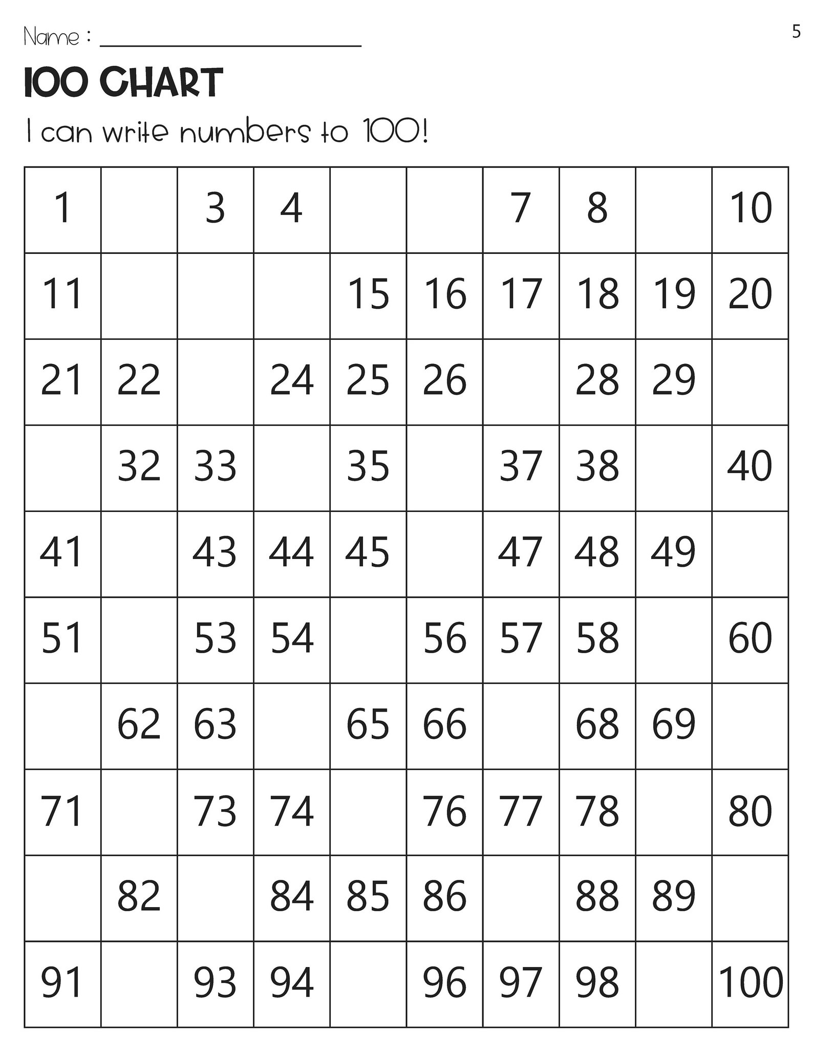 100 Chart Missing Numbers Worksheets - Etsy