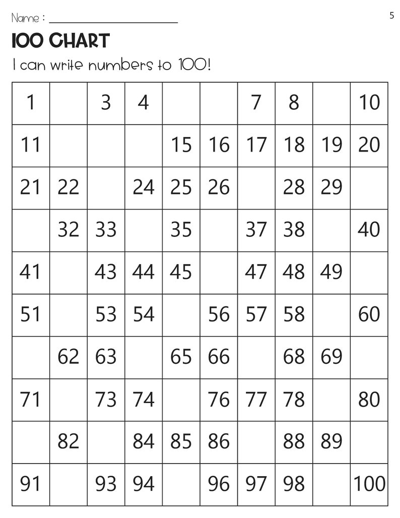100 Chart Missing Numbers Worksheets - Etsy