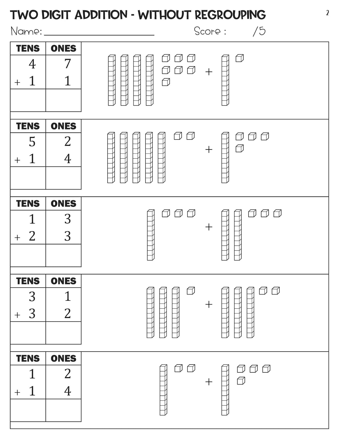 2 Digit Addition Without Regrouping With Base Ten Blocks Worksheets - Etsy