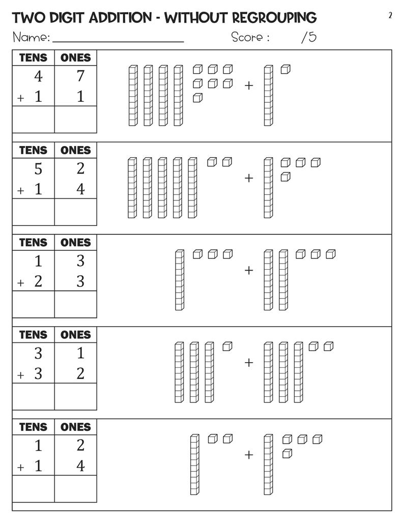 2 Digit Addition Without Regrouping With Base Ten Blocks Worksheets - Etsy