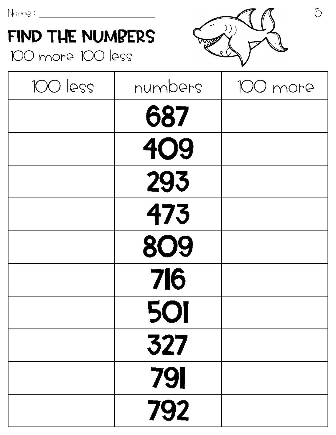 100 More and 100 Less Worksheets - Ocean Theme - Etsy