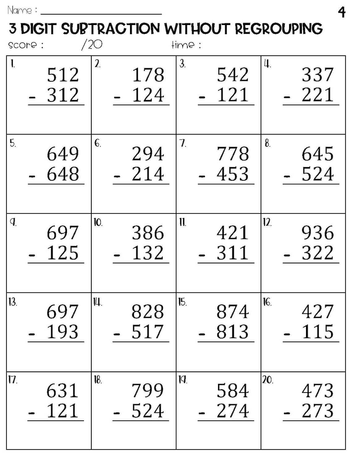 Three Digit Subtraction Without Regrouping Worksheets - Etsy