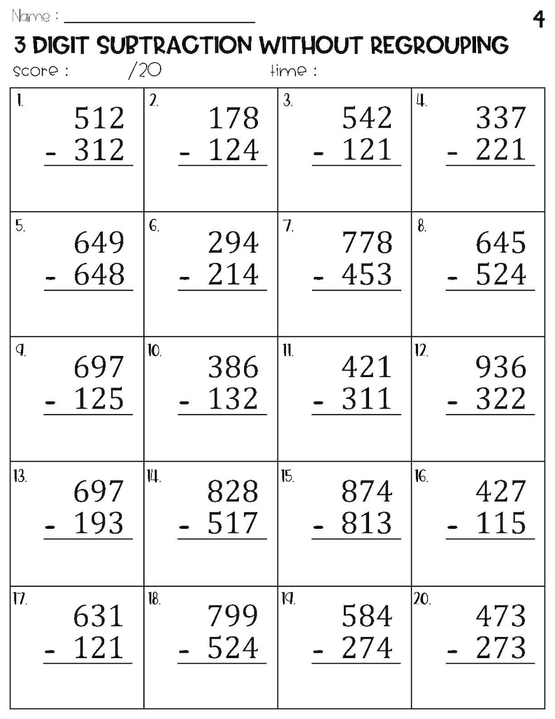 Three Digit Subtraction Without Regrouping Worksheets - Etsy