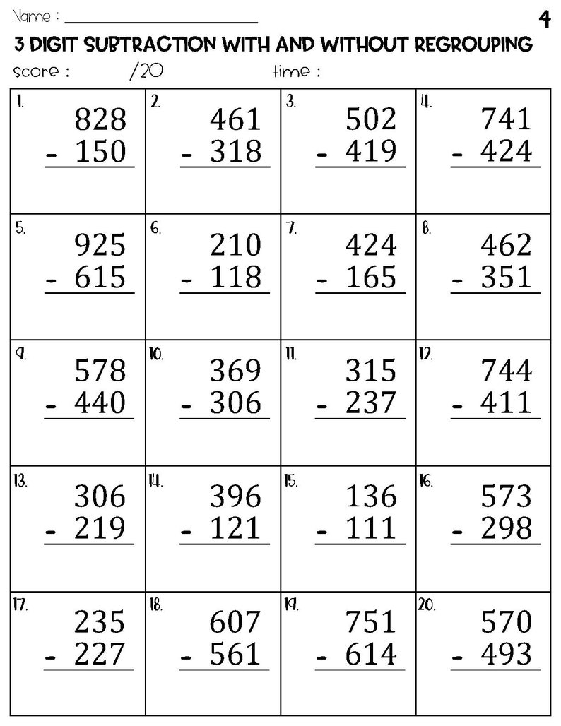 Three Digit Subtraction With and Without Regrouping Worksheets - Etsy