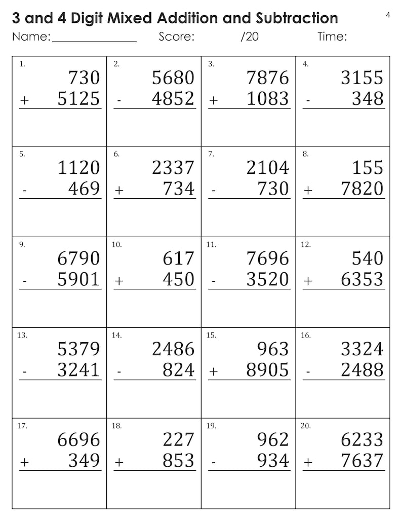 3 and 4 Digit Mixed Addition and Subtraction With Some Regrouping ...