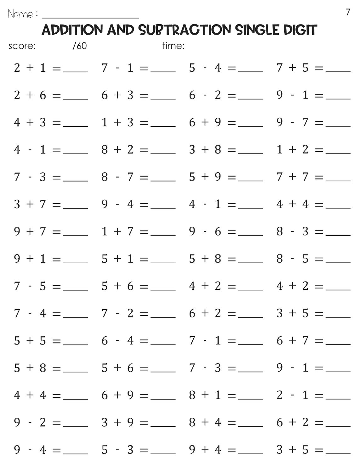 Addition and Subtraction Single Digit Math Timed Tests Speed Drills ...
