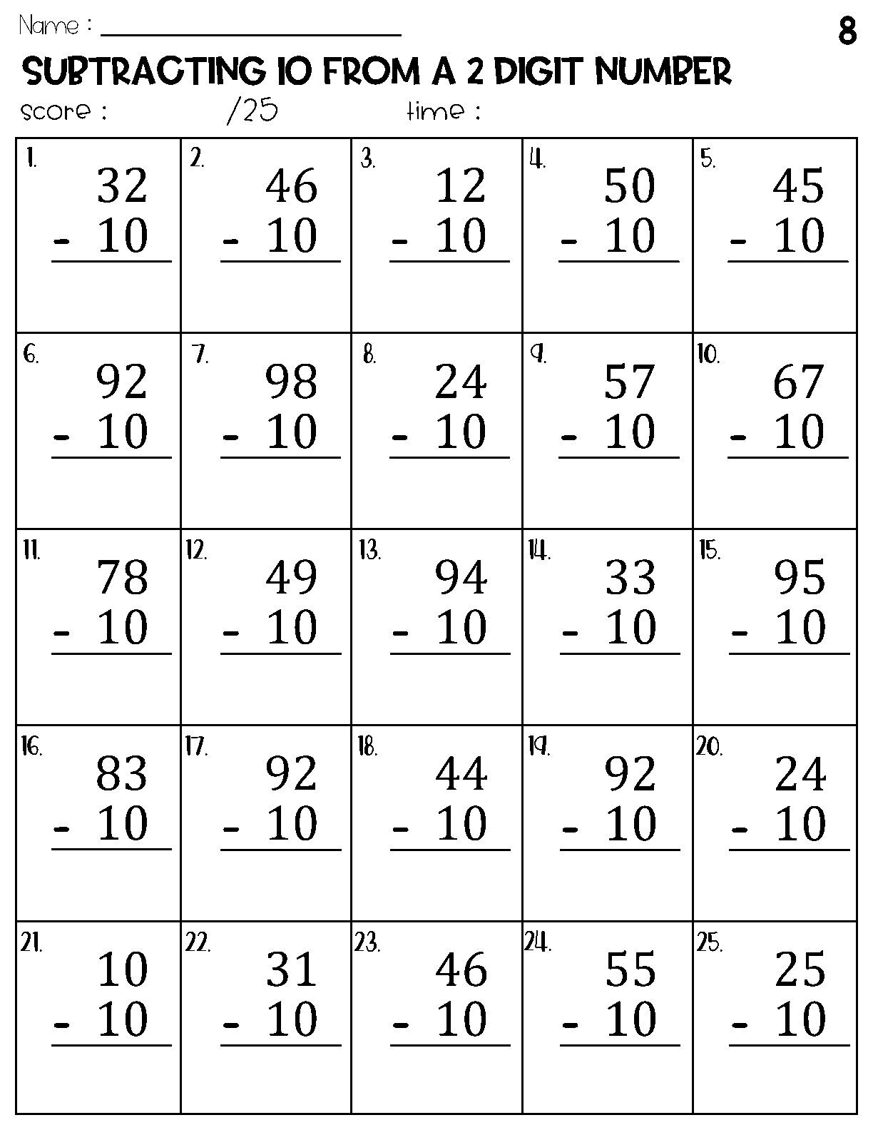 Subtracting 10 From A 2 Digit Number Worksheets Etsy