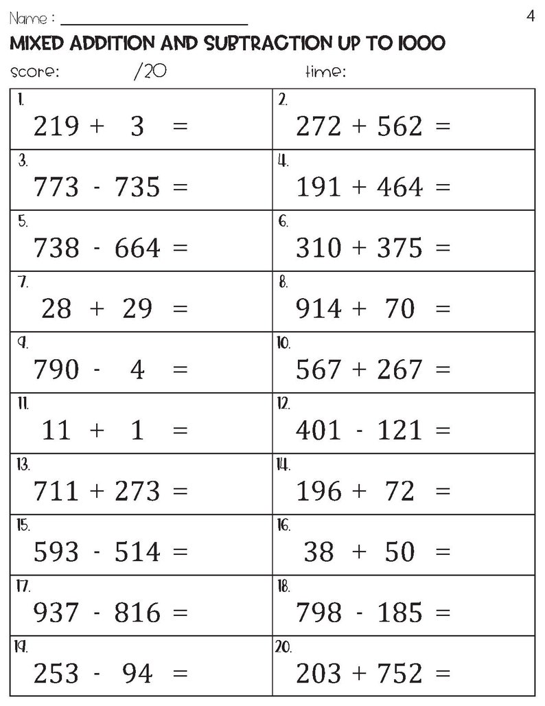 Horizontal Mixed Addition and Subtraction to 1000 Worksheets - Etsy