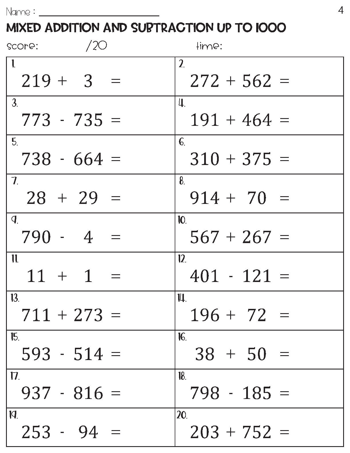 Horizontal Mixed Addition and Subtraction to 1000 Worksheets - Etsy
