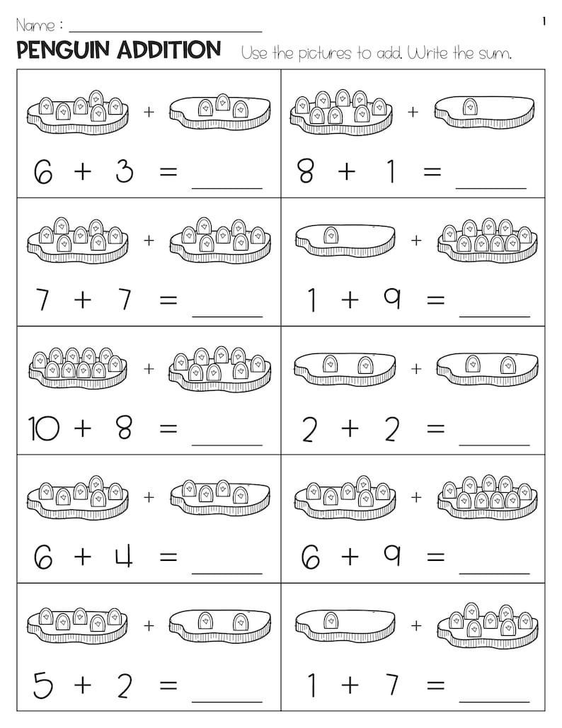Addition With Pictures to 20 Worksheets - Adding Penguin - Etsy