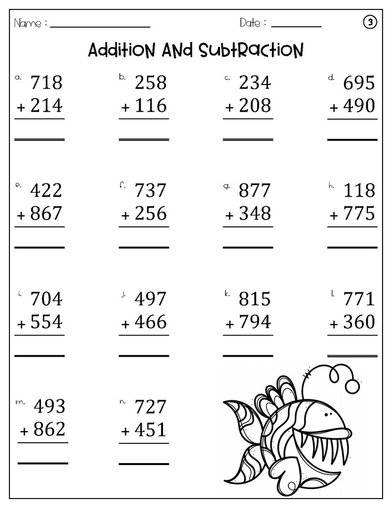 3 Digit Addition and Subtraction Worksheets - SET3 Ocean Theme Math ...