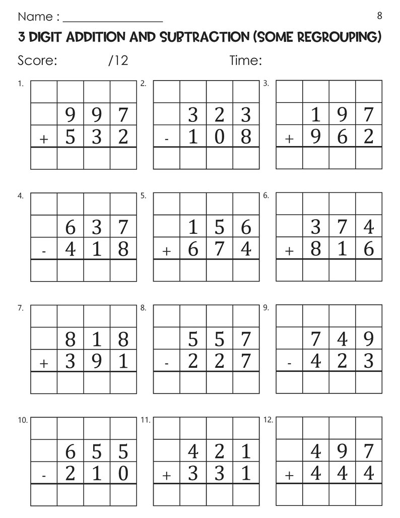 Three Digit Mixed Addition and Subtraction Some Regrouping With Grid ...