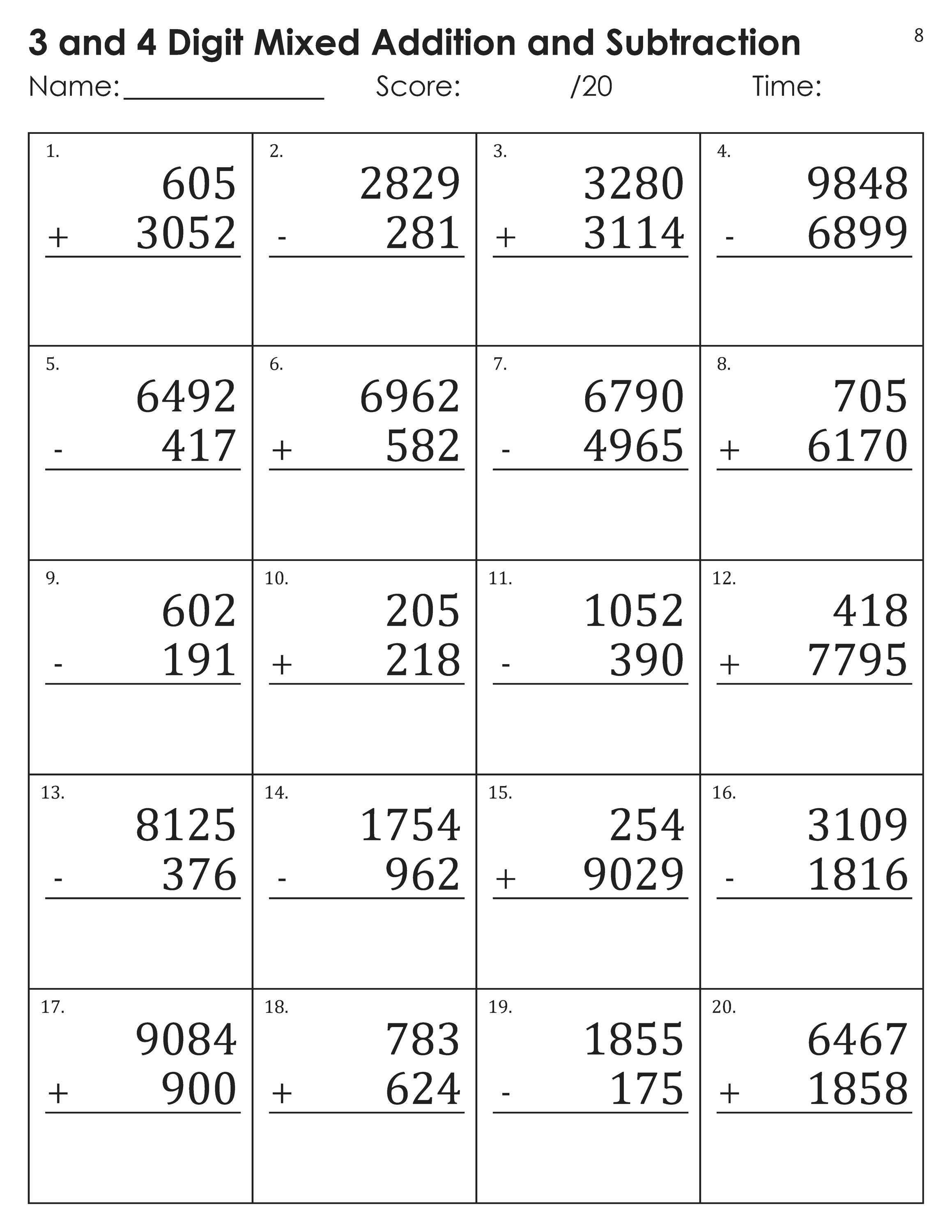 3 and 4 Digit Mixed Addition and Subtraction With Some Regrouping ...