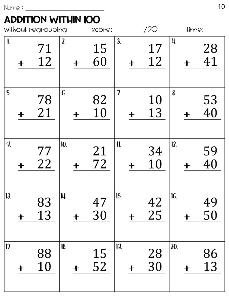 Addition Within 100 Without Regrouping Worksheets - Etsy