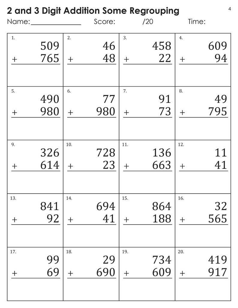 2 and 3 Digit Addition With Some Regrouping Worksheets - Etsy