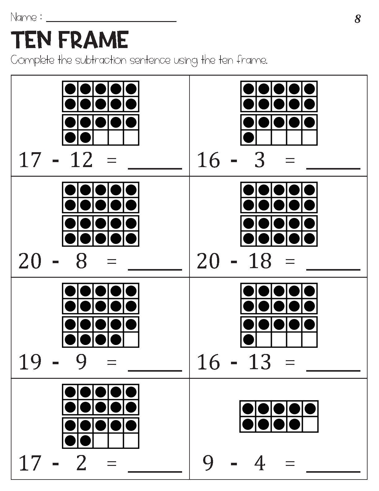 Subtraction Within 20 With Ten Frame Pictures Worksheets - Etsy