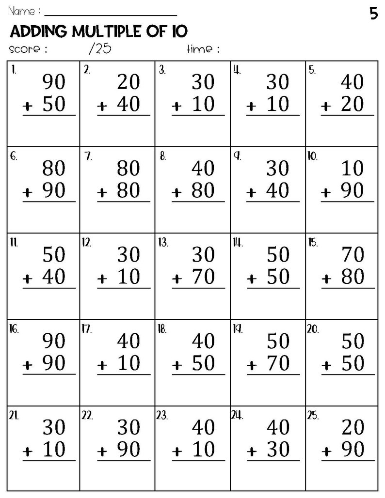 Adding Multiple of 10 Worksheets - Etsy