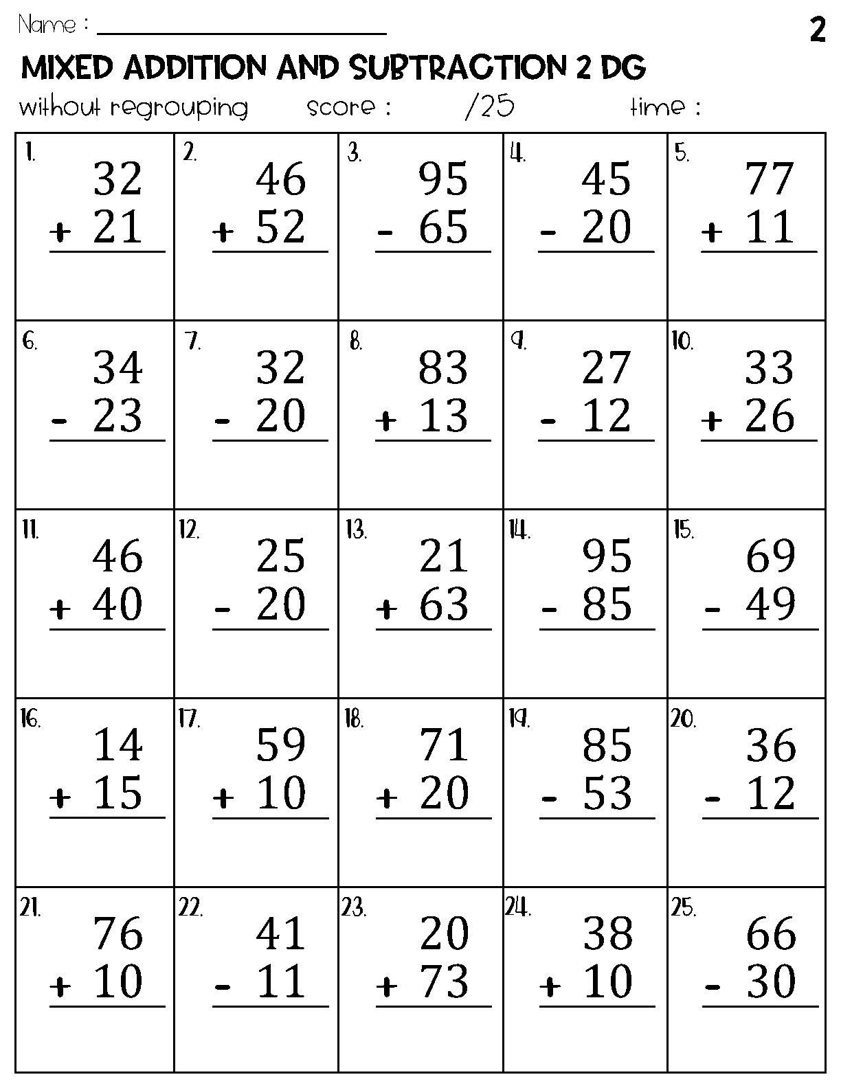 Two Digit Mixed Addition And Subtraction Without Regrouping Worksheets