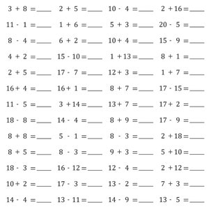 Math Fact Fluency Addition and Subtraction to 20 Timed Tests Practice ...