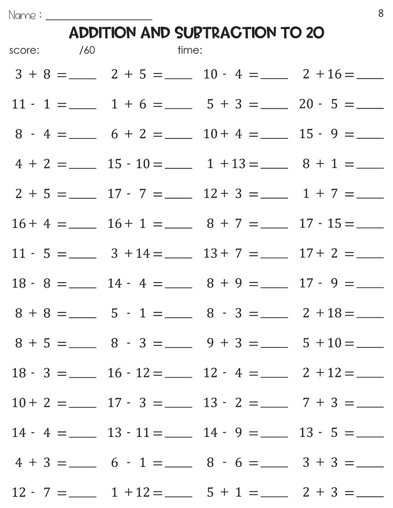Math Fact Fluency Addition and Subtraction to 20 Timed Tests Practice ...
