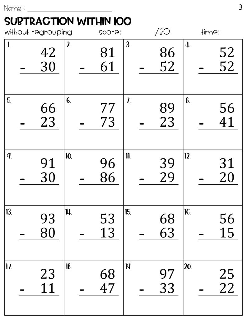 Subtraction Within 100 Without Regrouping Worksheets - Etsy