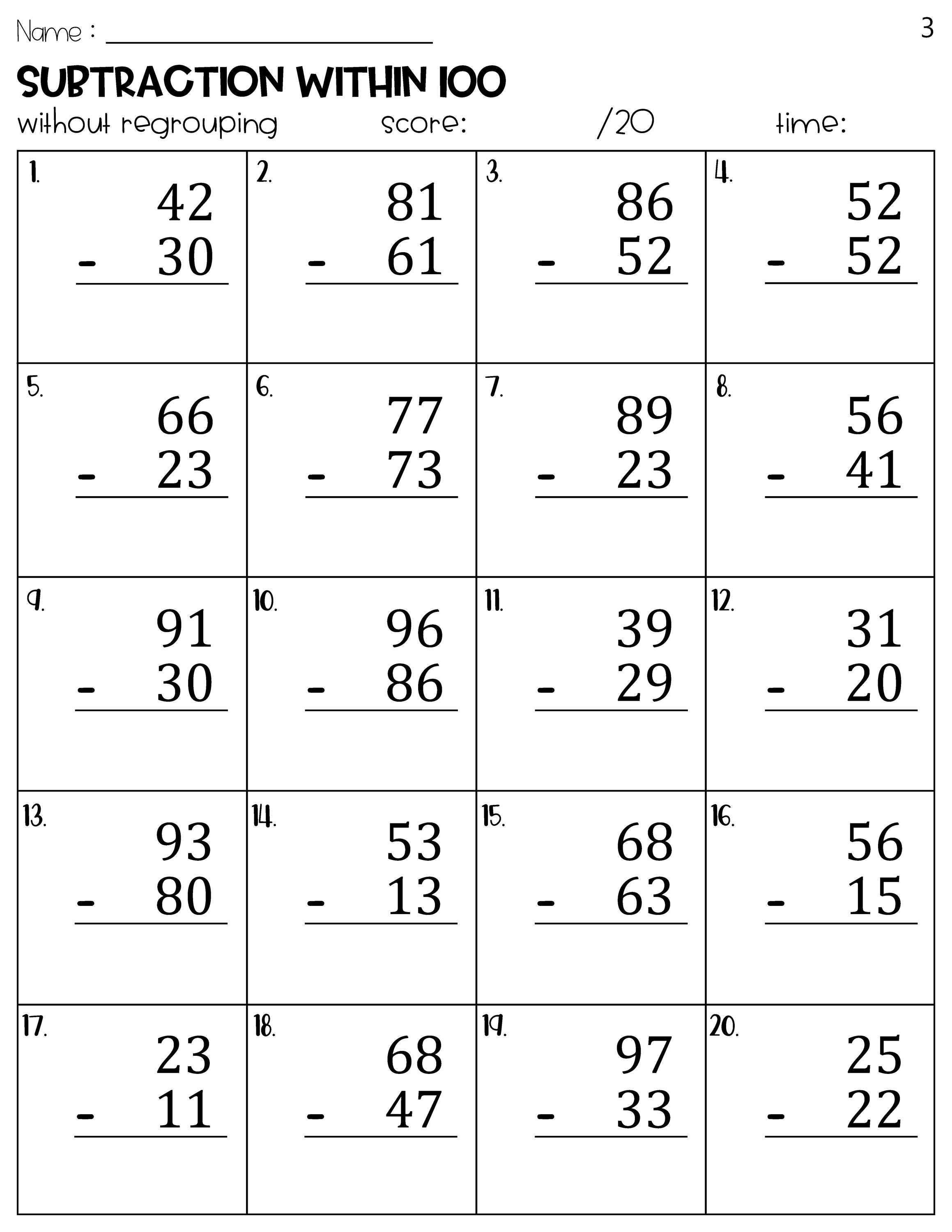 Subtraction Within 100 Without Regrouping Worksheets - Etsy