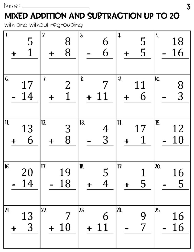 Mixed Addition and Subtraction to 20 Worksheets - Etsy