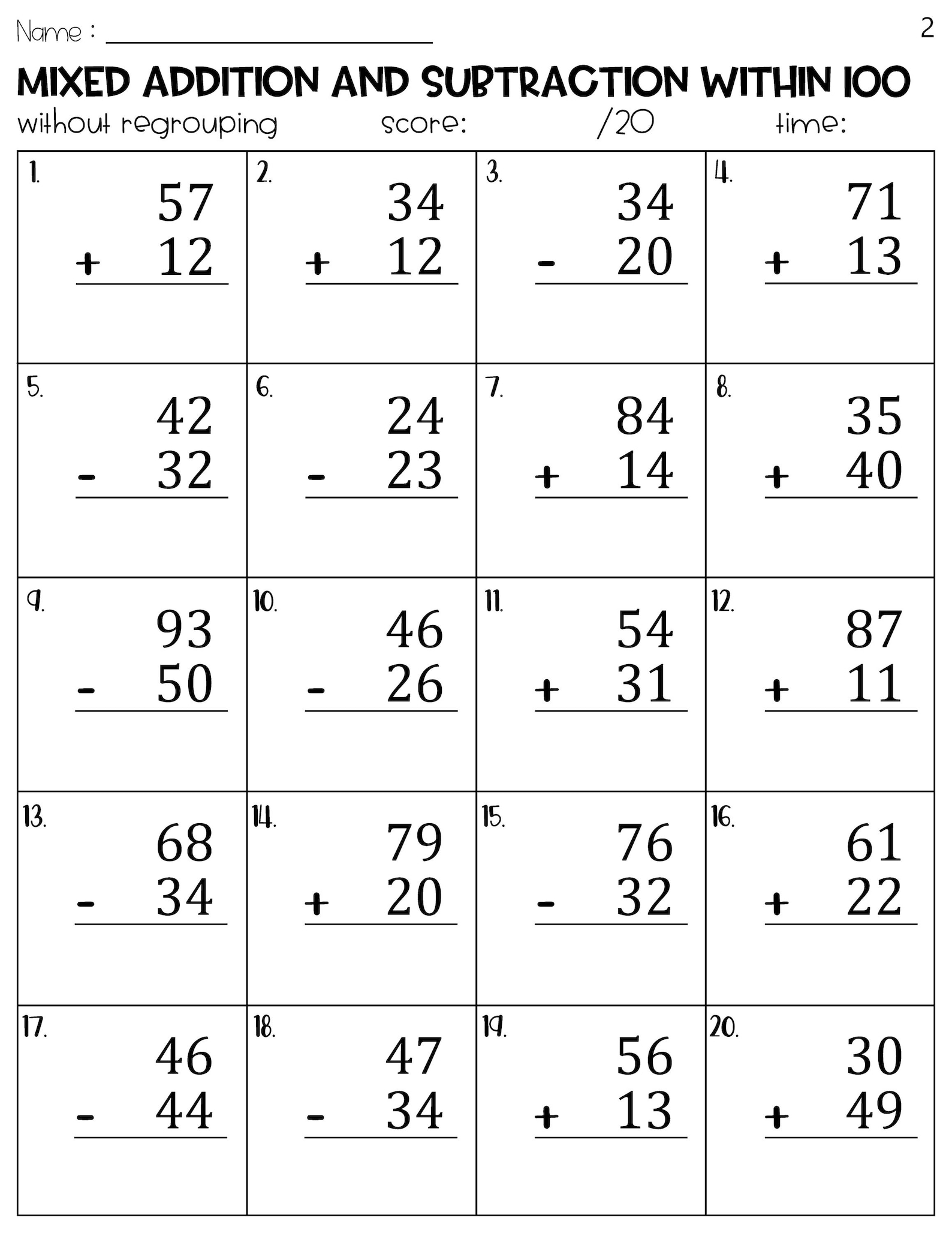 Mixed Addition and Subtraction Within 100 Without Regrouping Worksheets ...